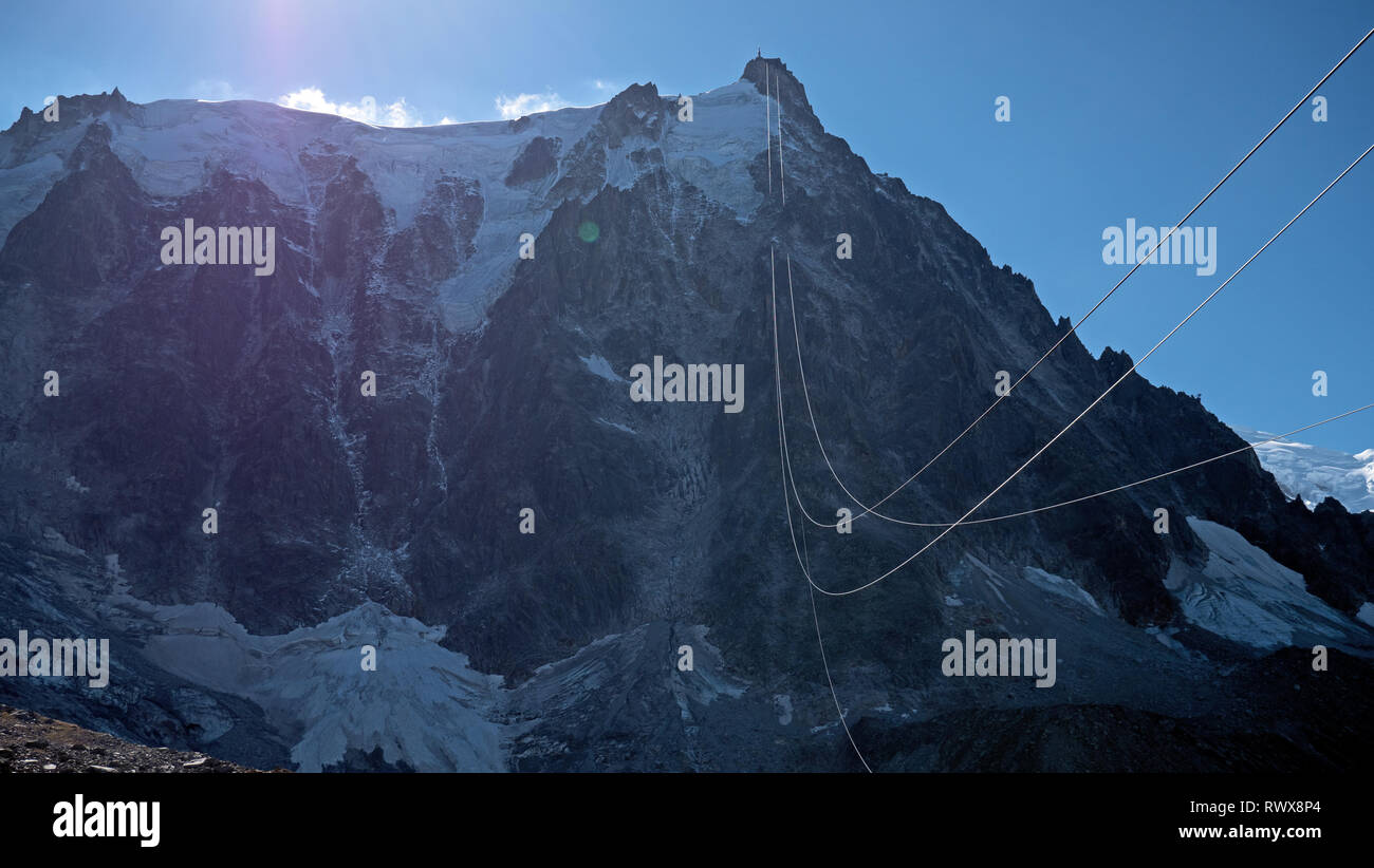 Cable Car wires ascend up to the cable car station in the high alpine ...