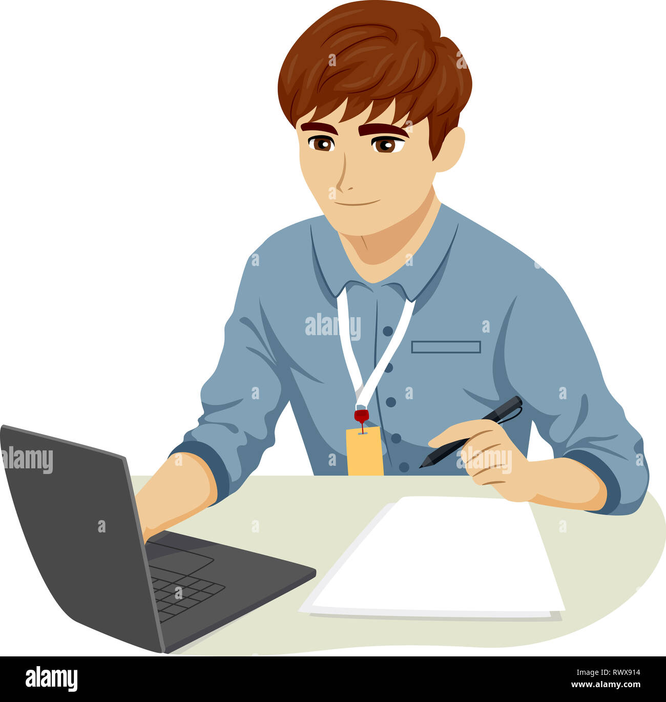 Illustration of a Teenage Guy Intern Using the Laptop and Writing a ...
