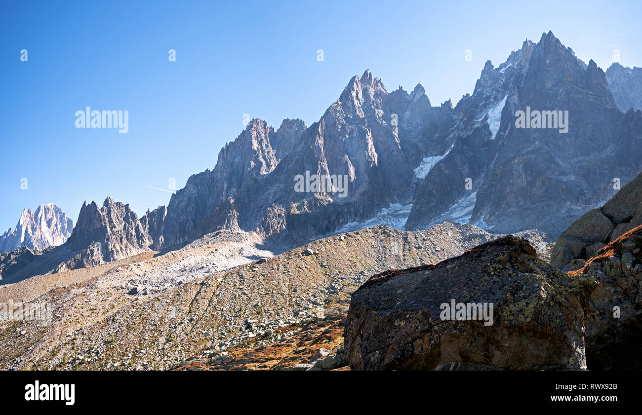 The high peaks of the chamonix valley and Mont Blanc Massif in the ...