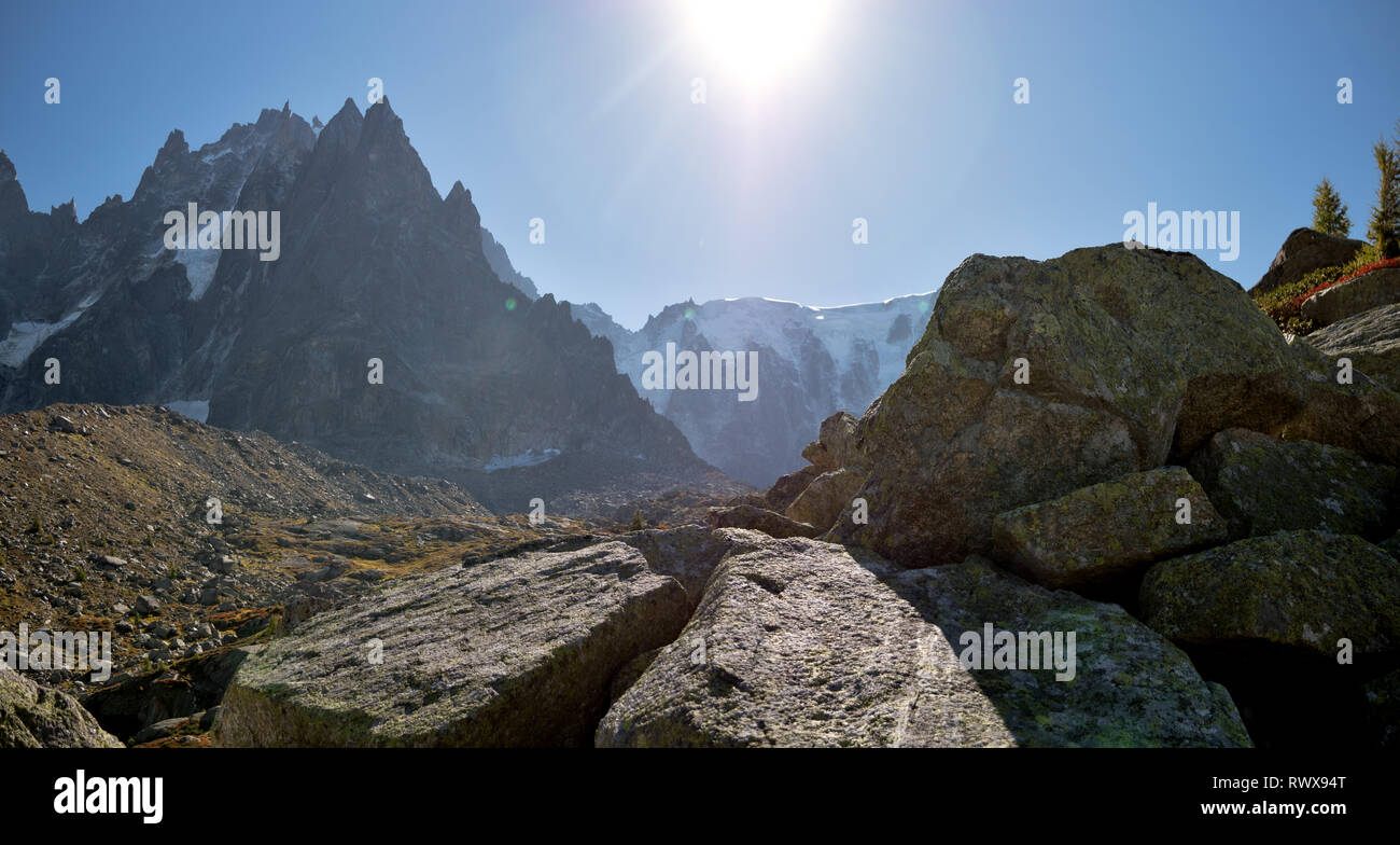 The high peaks of the chamonix valley and Mont Blanc Massif in the ...