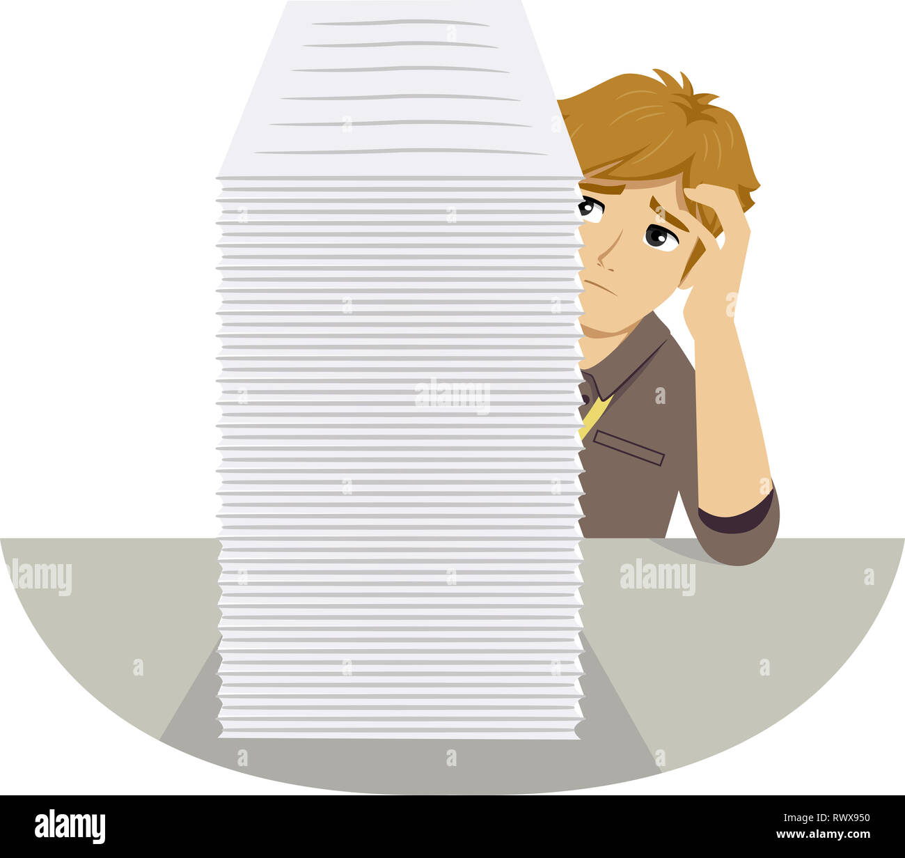 Illustration of a Teenage Guy Looking at a Tall Stack of Files for Work ...