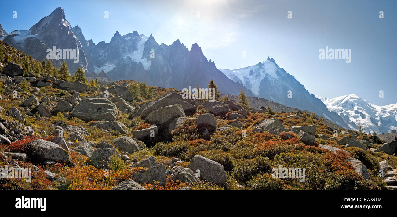 The valley and high peaks of the chamonix valley and Mont Blanc Massif ...