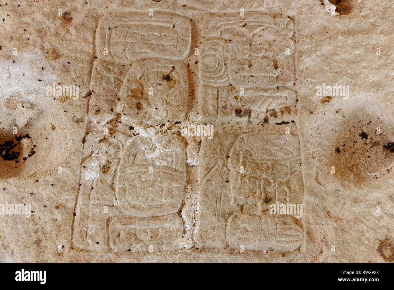 Close up of a worn Mayan carving of a cartouche containing geometric ...