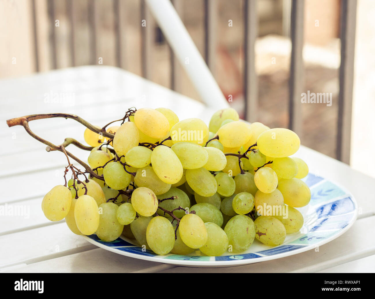 Fresh ripe green grapes on plate, vegetarian concept Stock Photo - Alamy