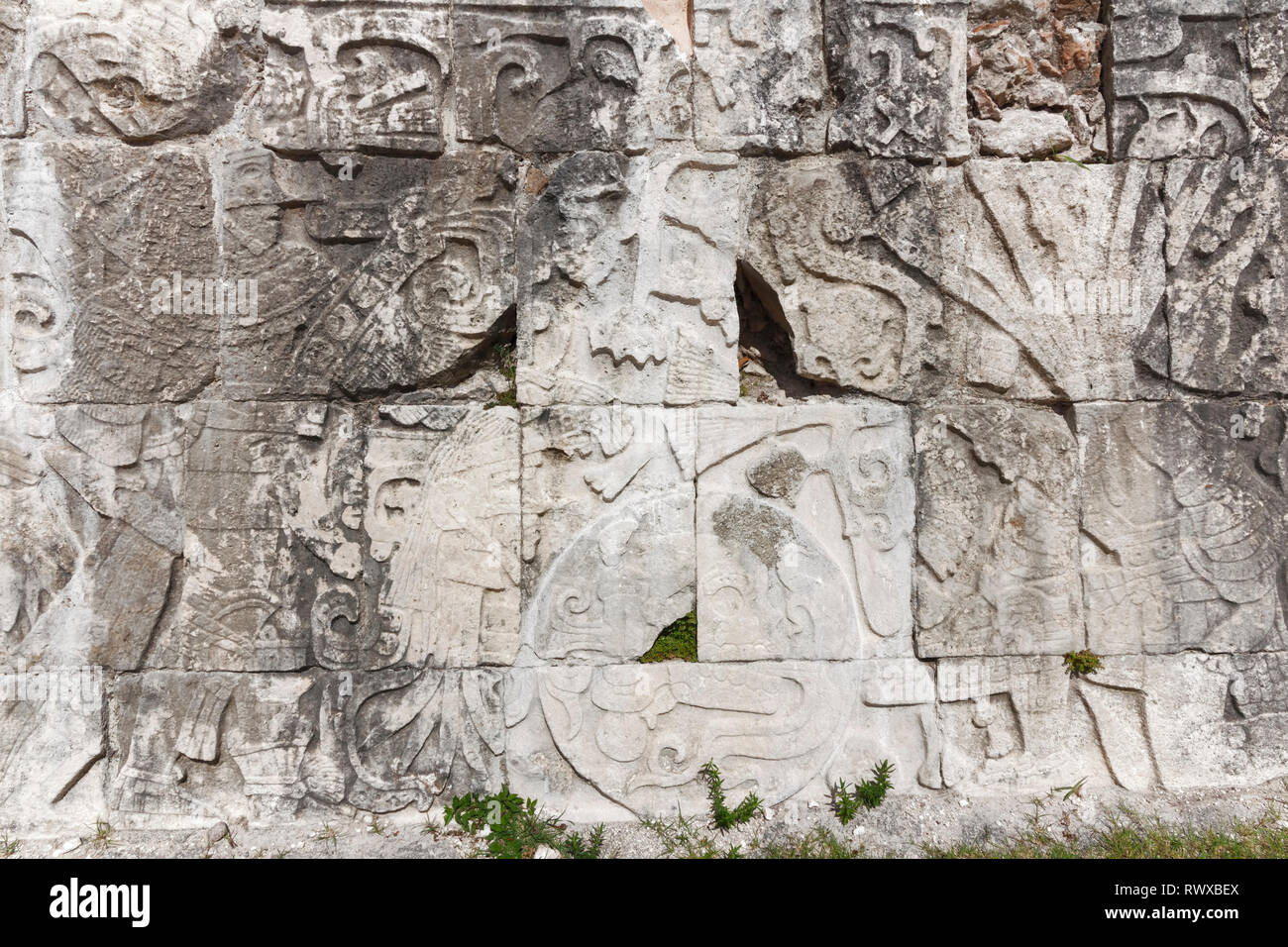 Close up of a large Mayan stone carving depicting soldiers, royalty and ...