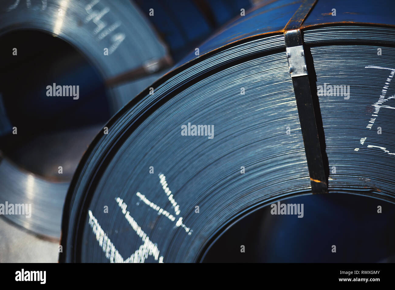 Abstract of big steel rolls, row material prepared for transport Stock ...