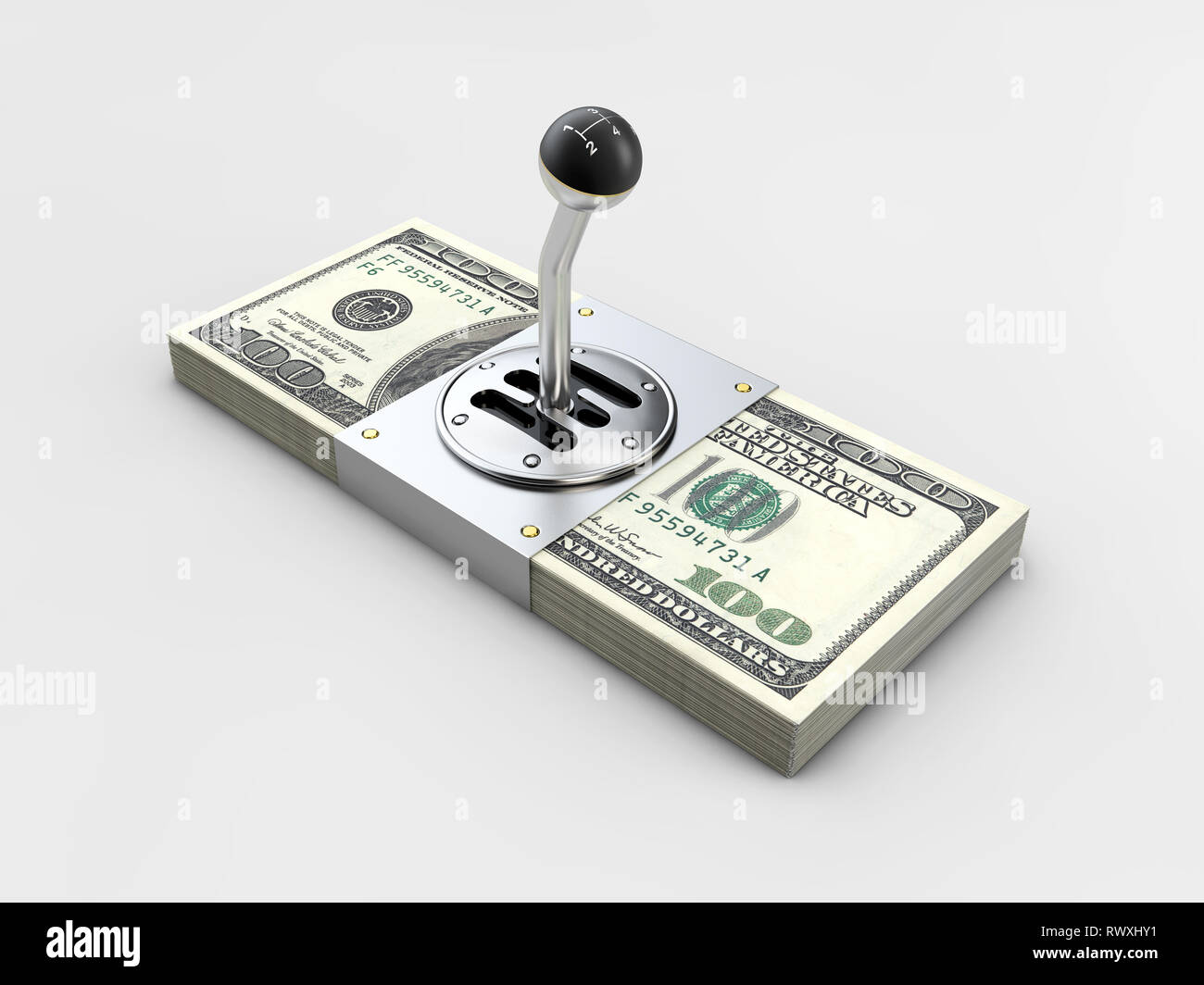 Gearshift on stack of money isolated on gray background. 3d ...