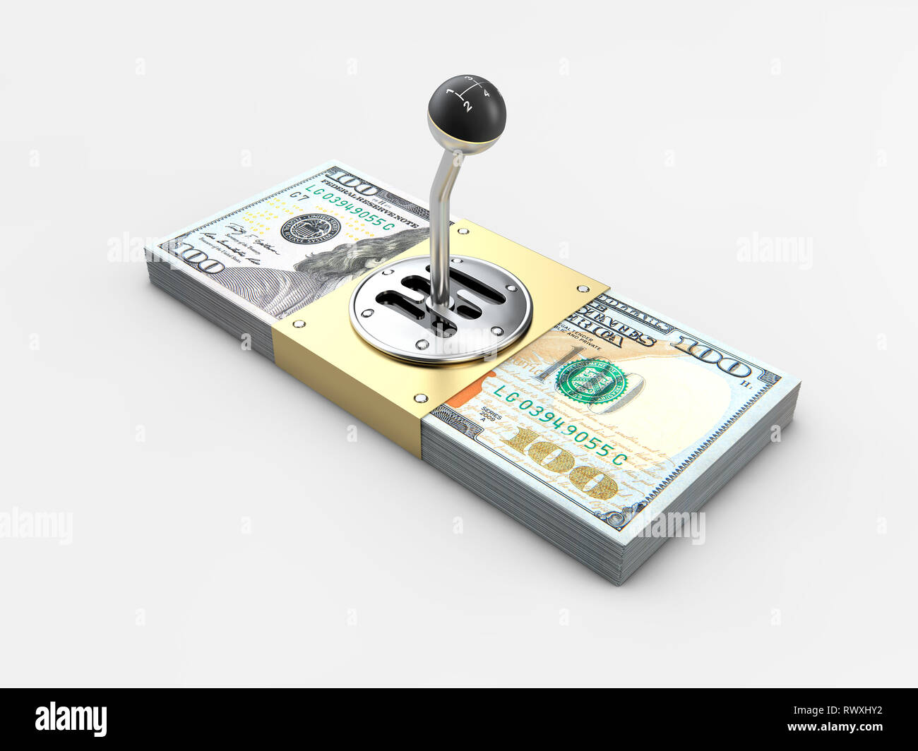 Gearshift on stack of money isolated on gray background. 3d ...