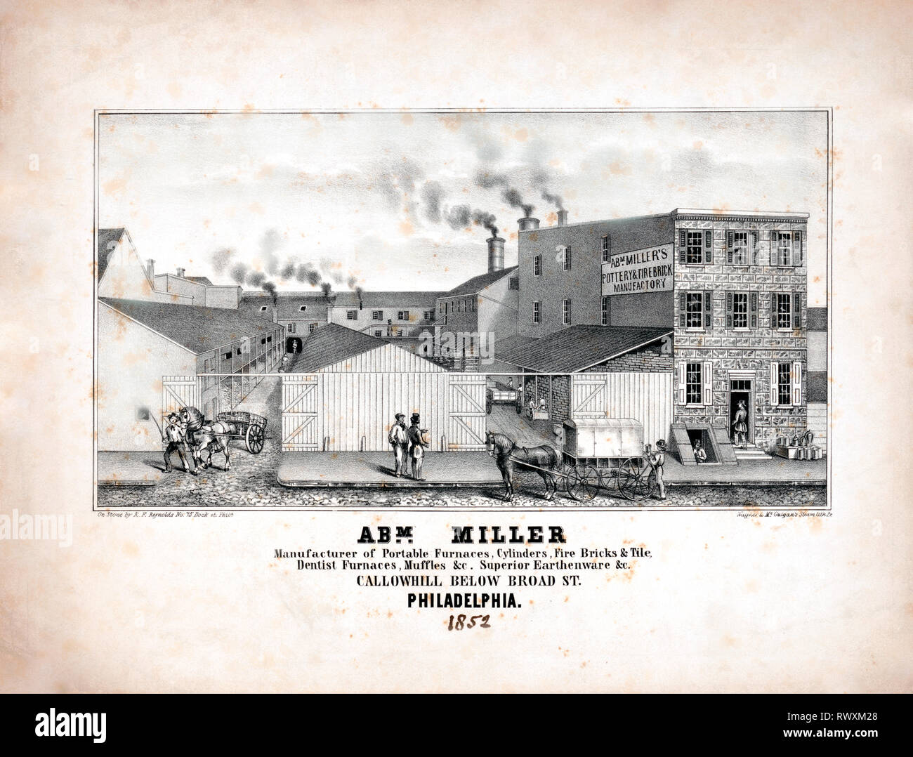 Print shows a street view of "Abm. Miller's Pottery & Fire Brick ...