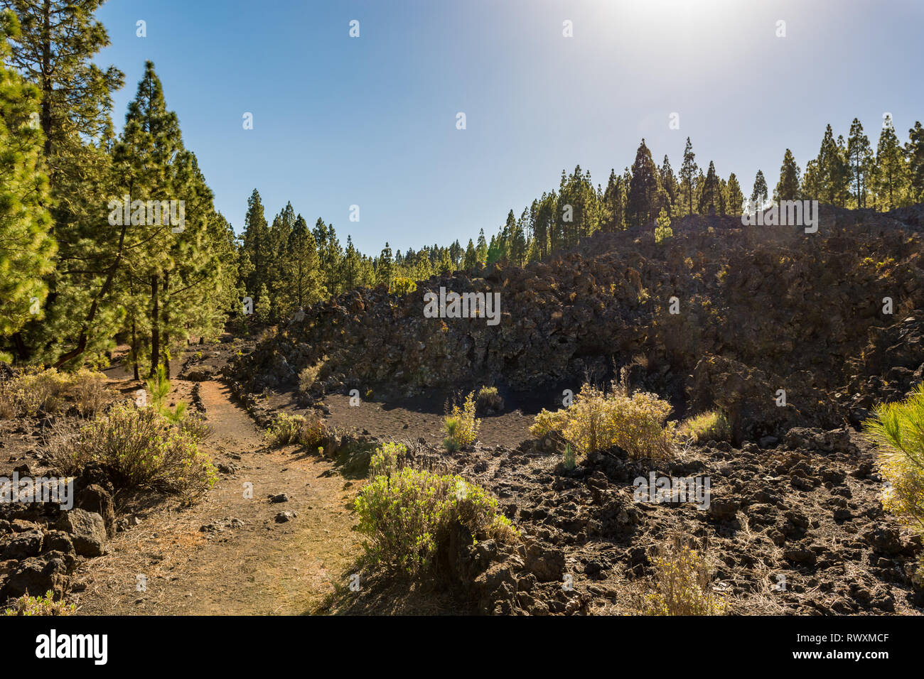 Wide footpath leading through spectacular volcanic landscape Stock ...