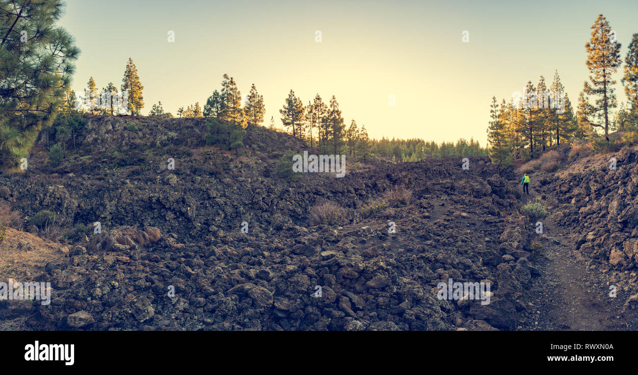 Spectacular volcanic landscape with old lava flow at sunset Stock Photo ...
