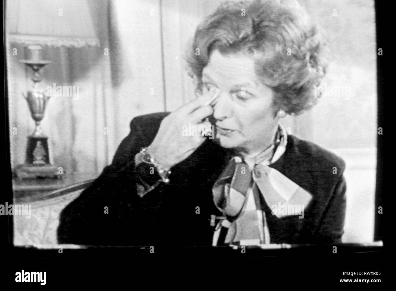 Mrs Thatcher crying on tv 1985 Stock Photo - Alamy