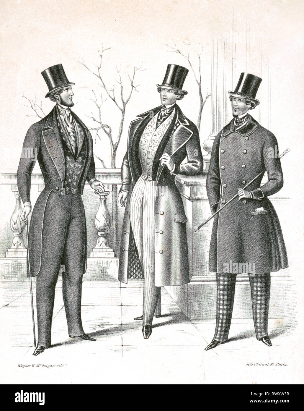 Print shows an advertisement for men's clothing showing three ...