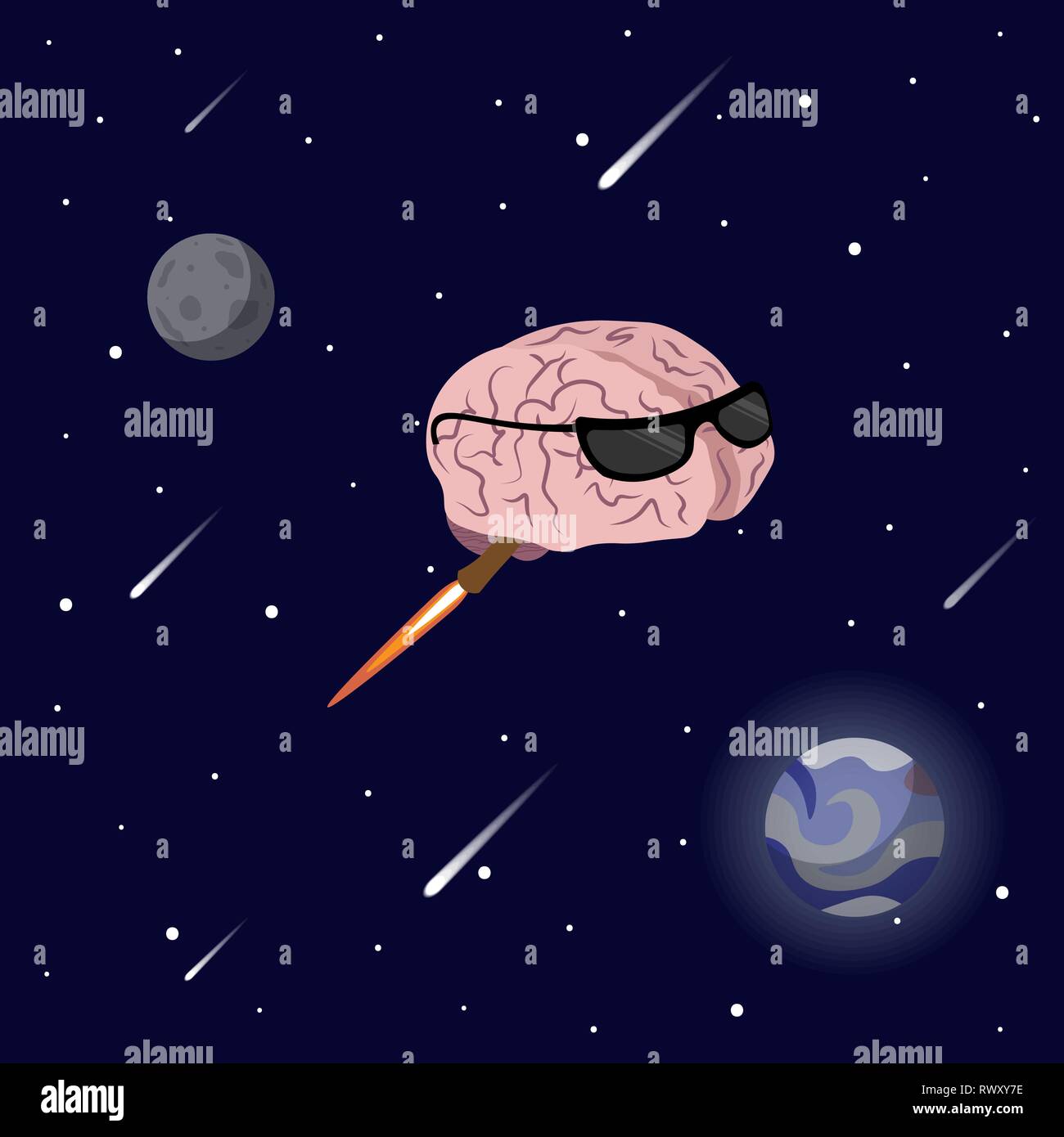 Vector illustration of pink color smile brain with glasses flying in ...