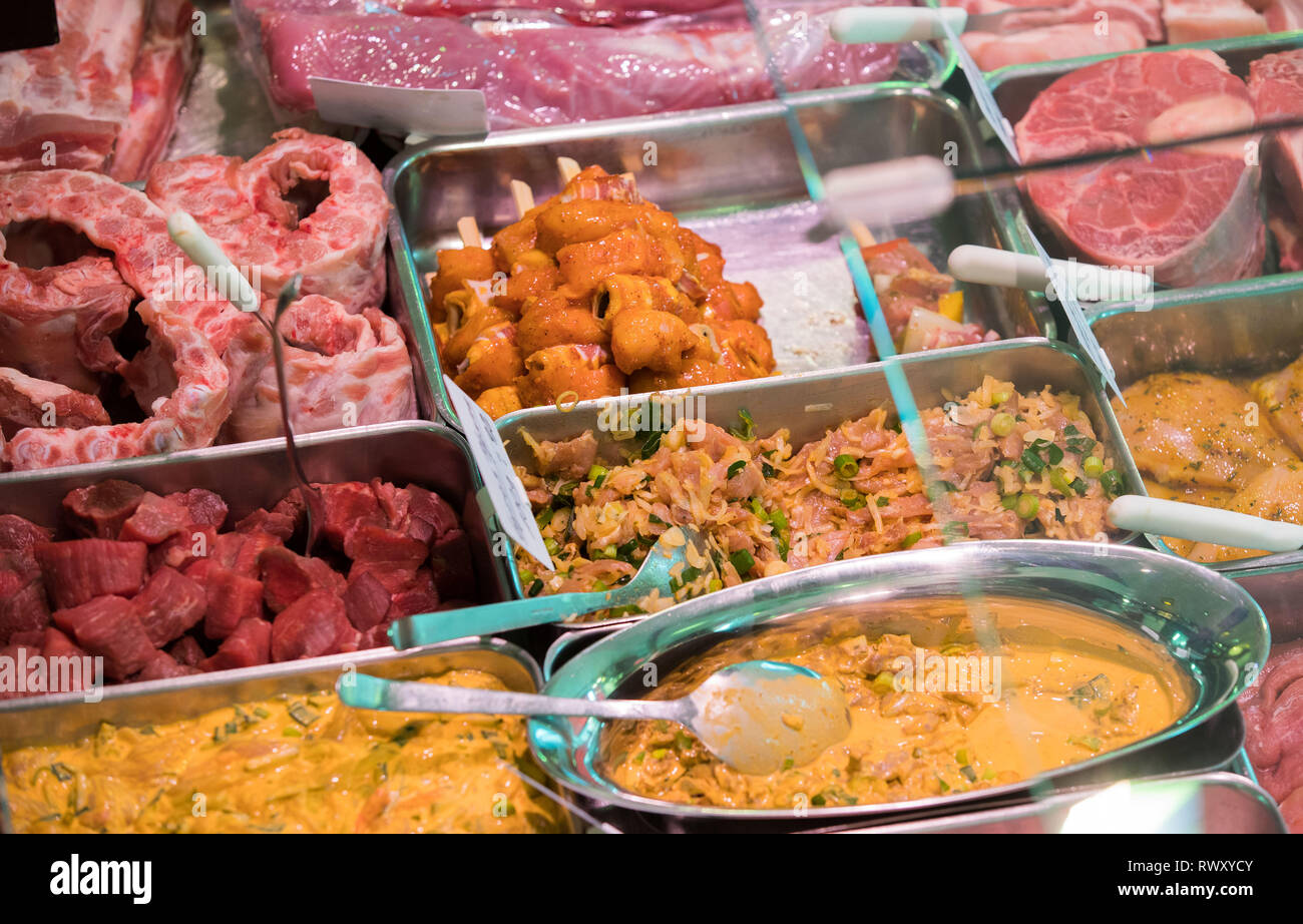 Ludwigslust, Germany. 20th Feb, 2019. Fresh meat and pickled grills are ...