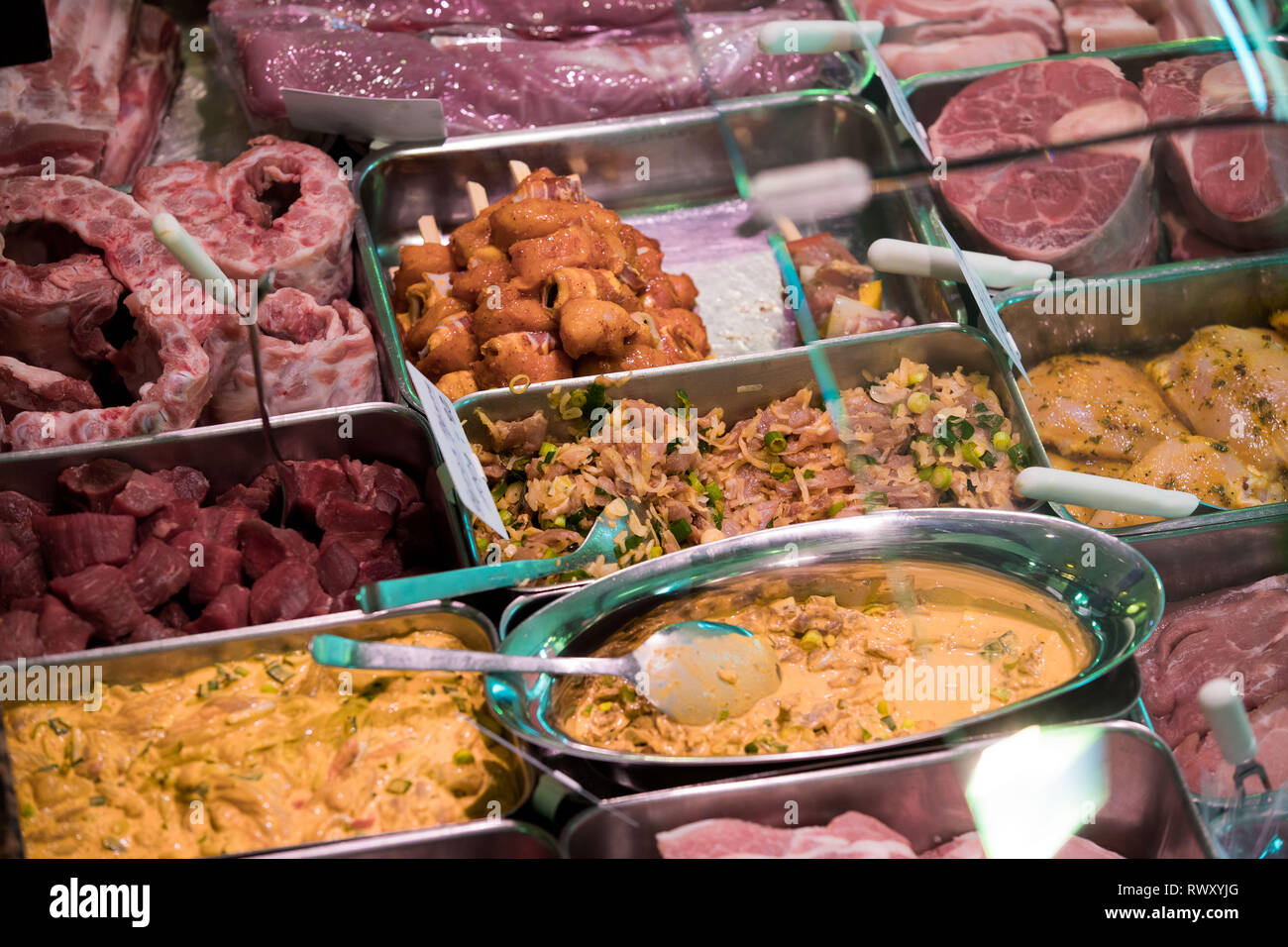 Ludwigslust, Germany. 20th Feb, 2019. Fresh meat and pickled grills are ...