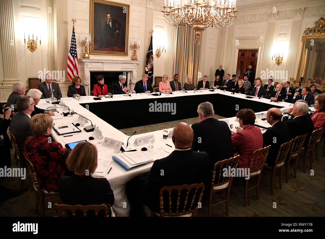 United States President Donald J. Trump (C) hosts the American ...