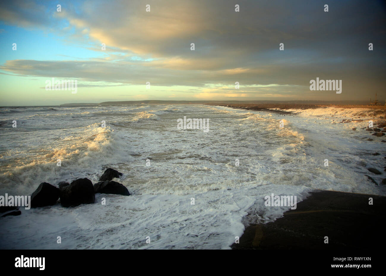 High tide and high winds on WestWard Ho! beach, North Devon Stock Photo ...