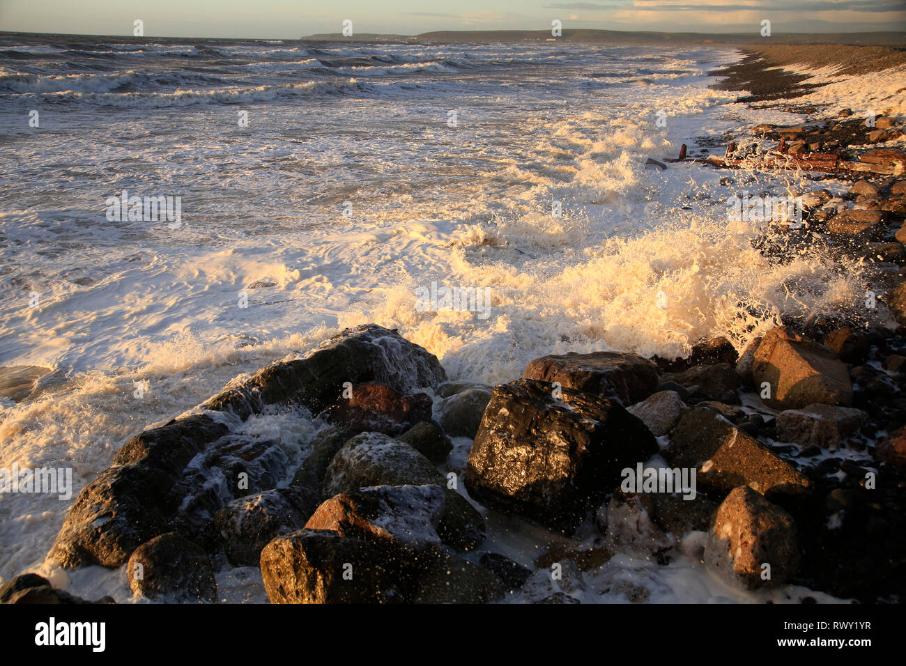 High tide and high winds on WestWard Ho! beach, North Devon Stock Photo ...