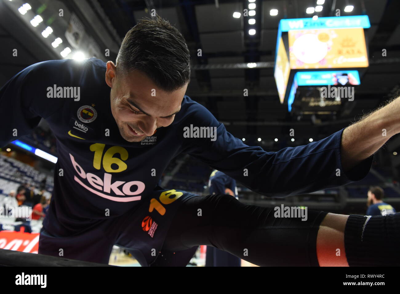 Kostas Sloukas, #16 of Fenerbahce is seen stretching prior to the 2018/ ...