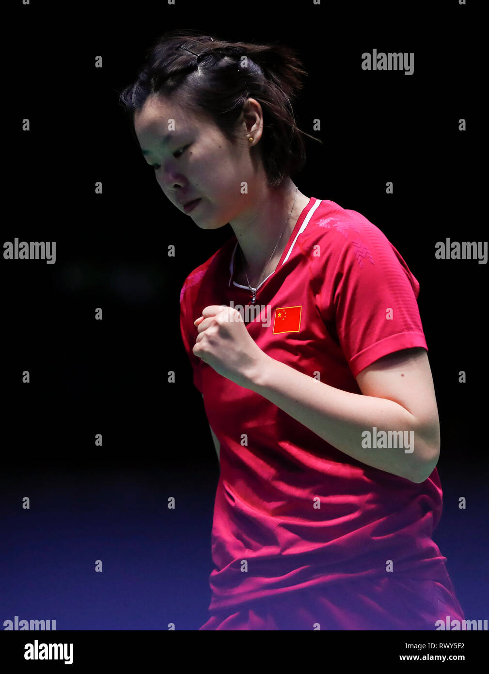 Birmingham. 7th Mar, 2019. China's Li Xuerui reacts during the women's ...