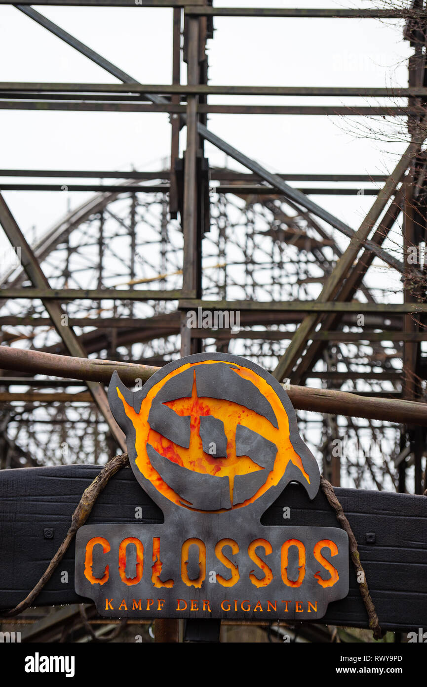 Soltau, Germany. 08th Mar, 2019. Parts of the wooden coaster "Colossos ...
