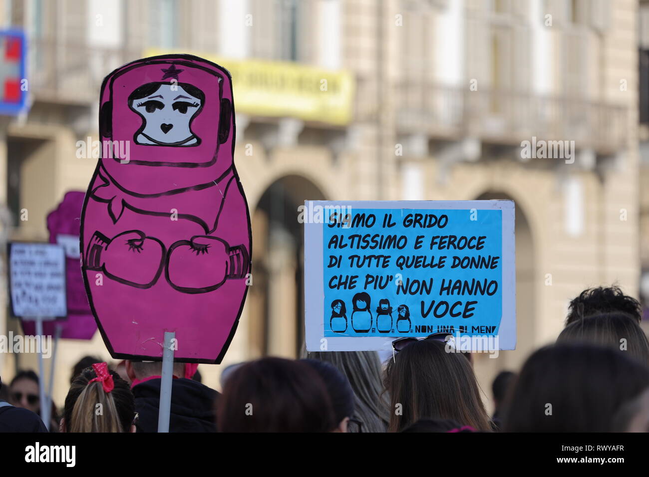 Turin, Italy. 8th March 2019. Women go on strike and demonstrate to ...
