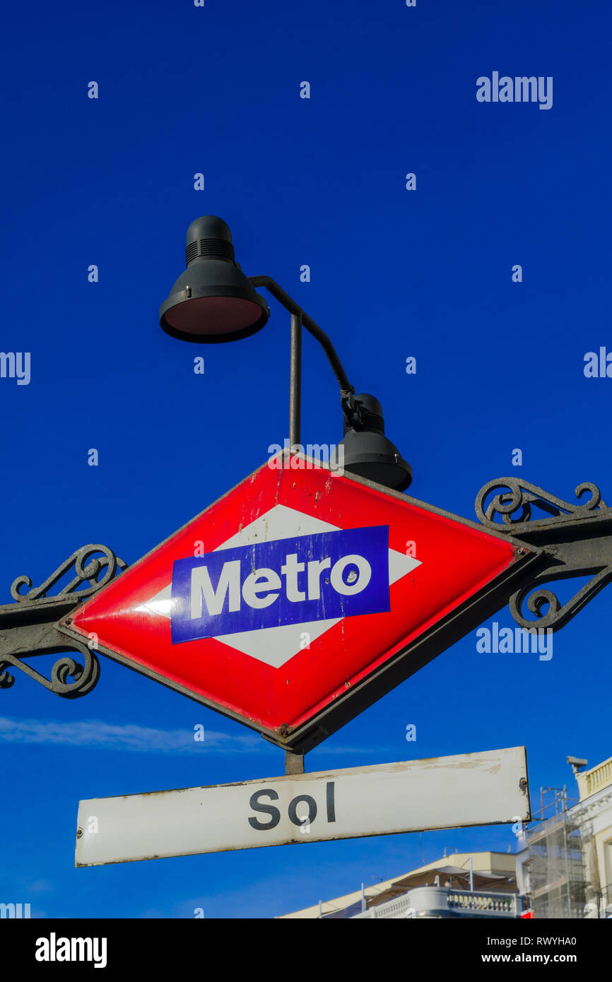 The Sol metro station sign, in Puerta del Sol square, Madrid, Spain ...