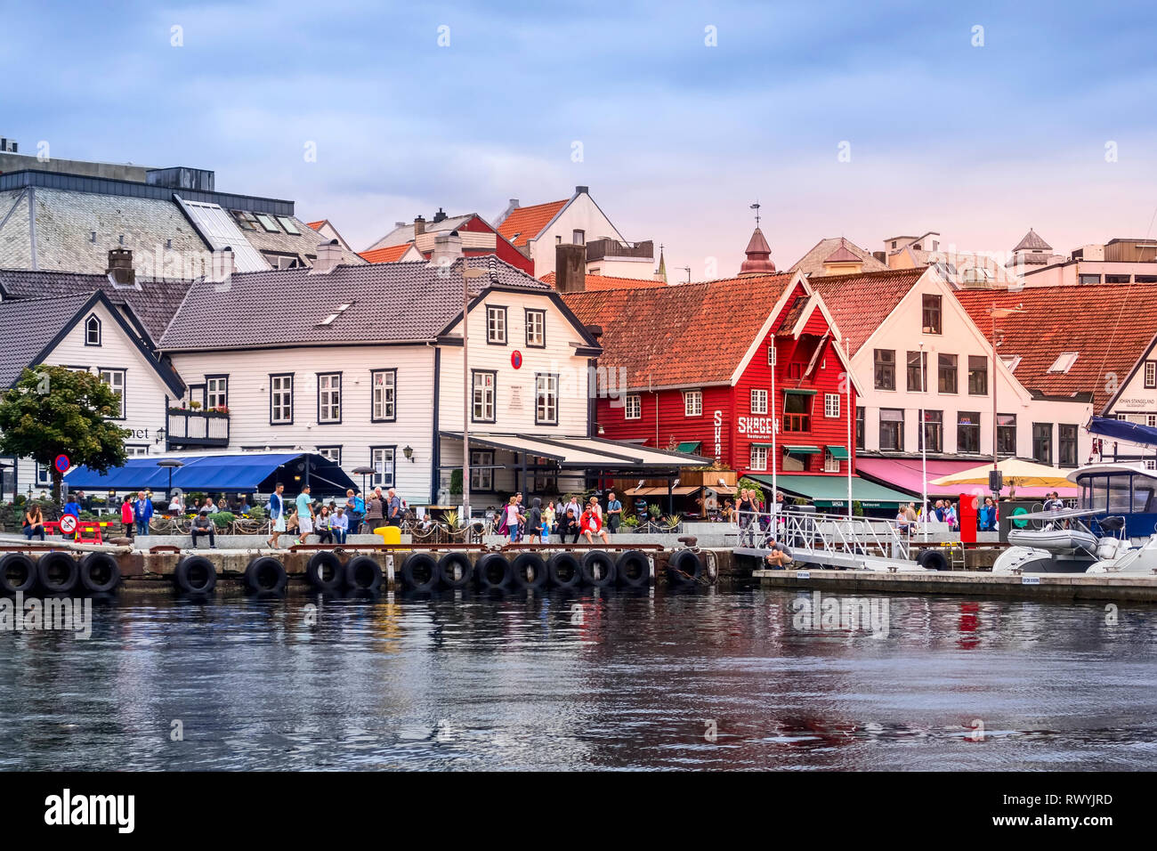 Stavanger, Norway - August 2, 2018: City street view with people, cafe ...