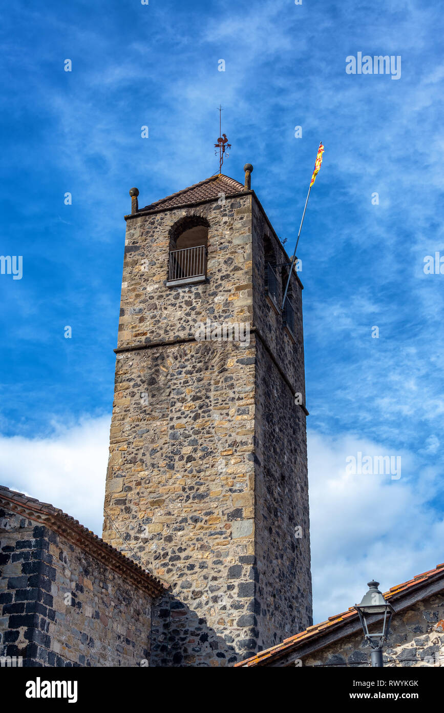 Historic stone church tower in Castellfollit de la Roca, Spain Stock ...