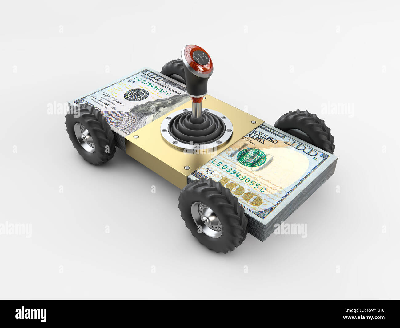 Money Car and Gearshift on stack of money isolated on gray background ...