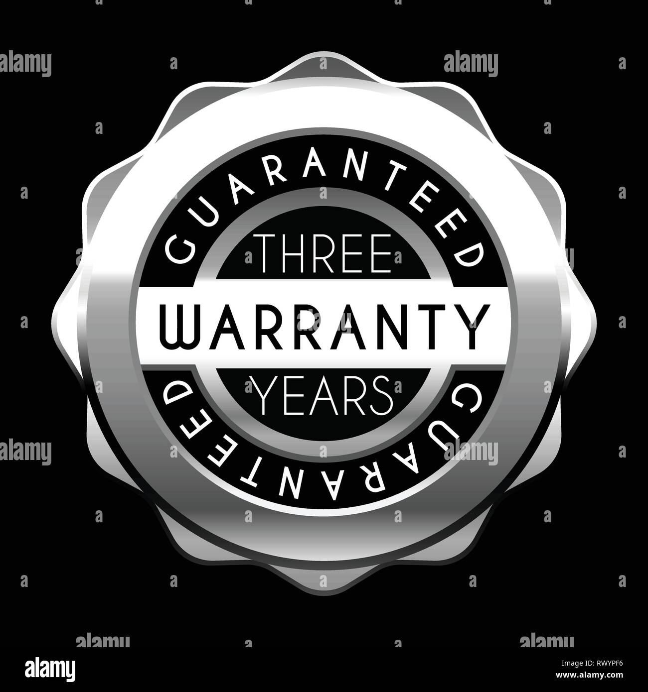 three years warranty silver badge isolated on white background. Metal ...