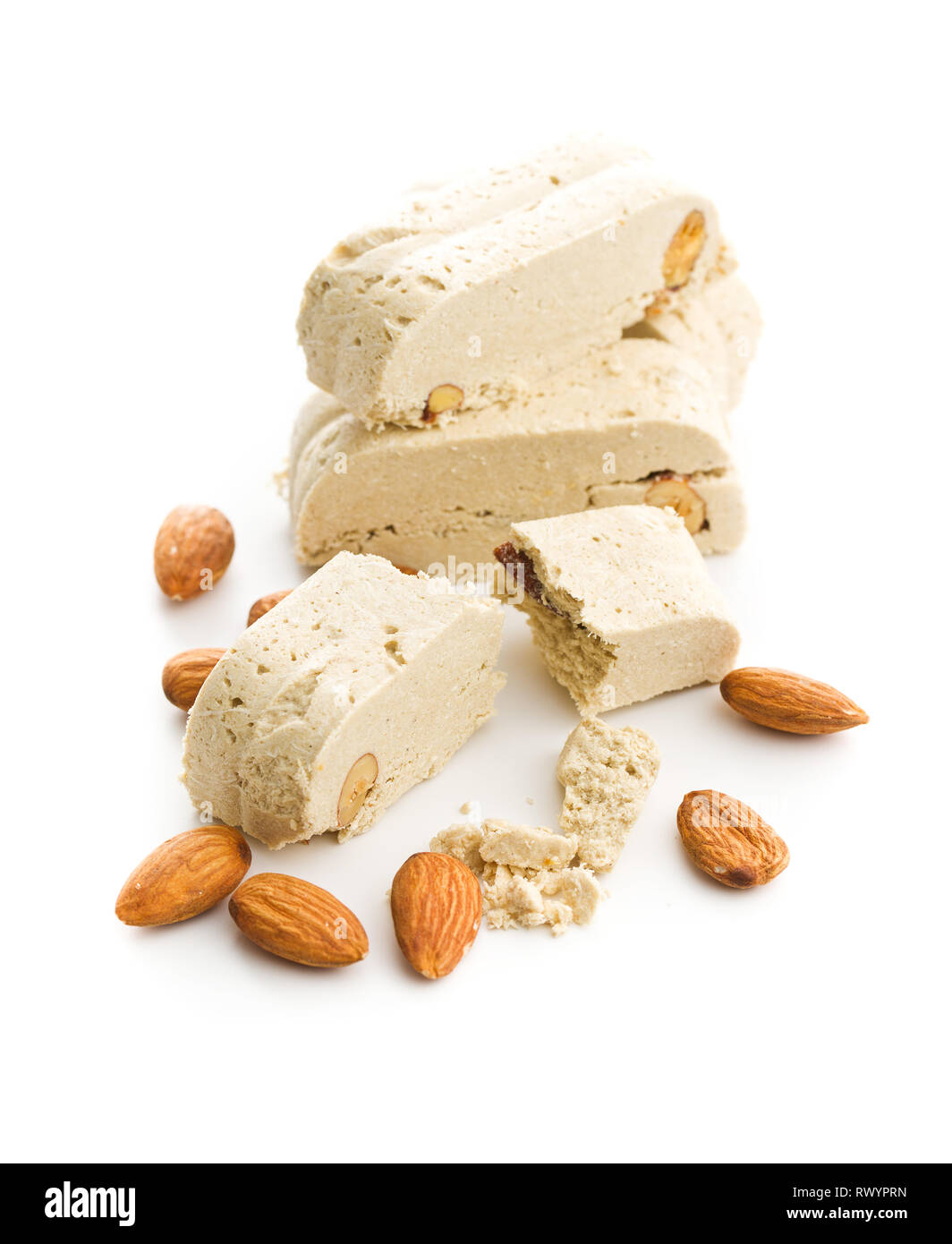 Sweet halva dessert slices with almonds isolated on white background Stock Photo - Alamy