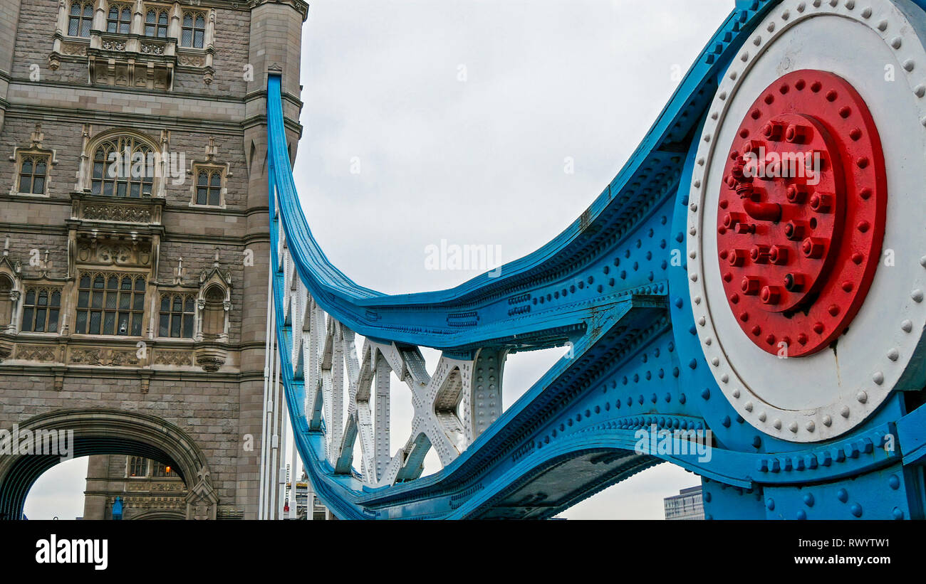 Closer view of the blue metal of the Tower bridge. Tower Bridge refers ...