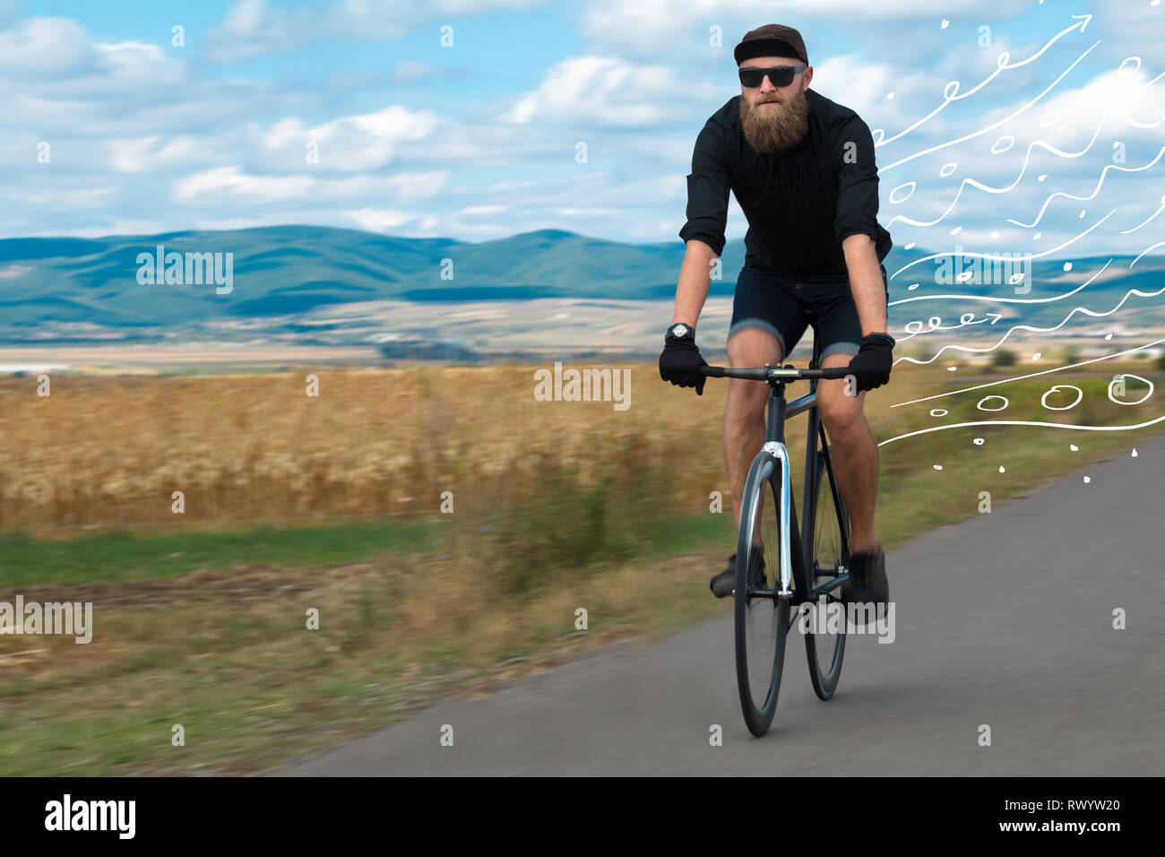 Fashion person riding bicycle in the nature with doodle concept Stock ...