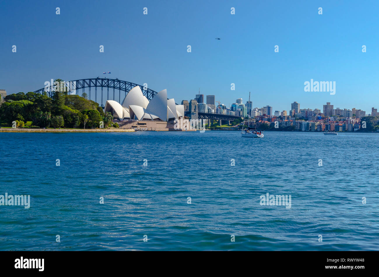 The harbour of Sydney with the opera house and the harbour bridge Stock ...