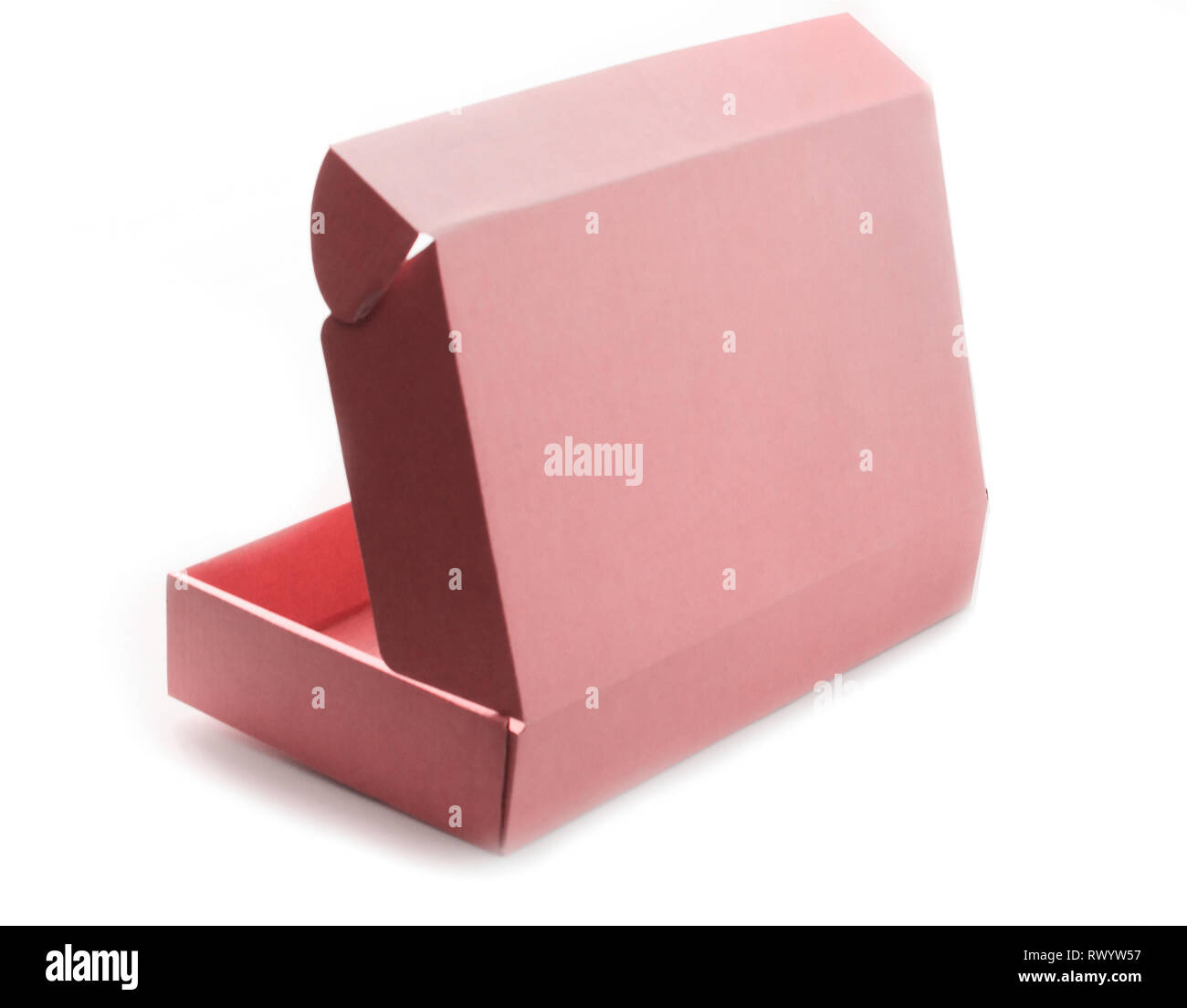 Open coral color cardboard box isolated on white background. Carton ...
