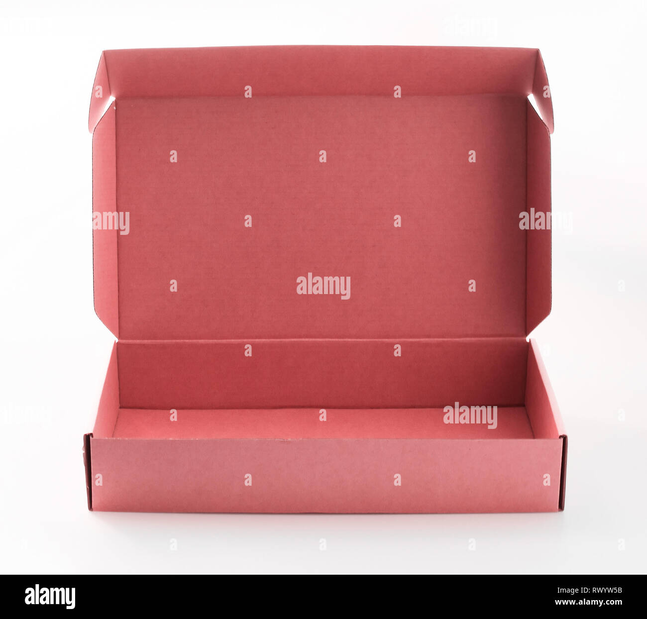 Open coral color cardboard box isolated on white background. Carton ...