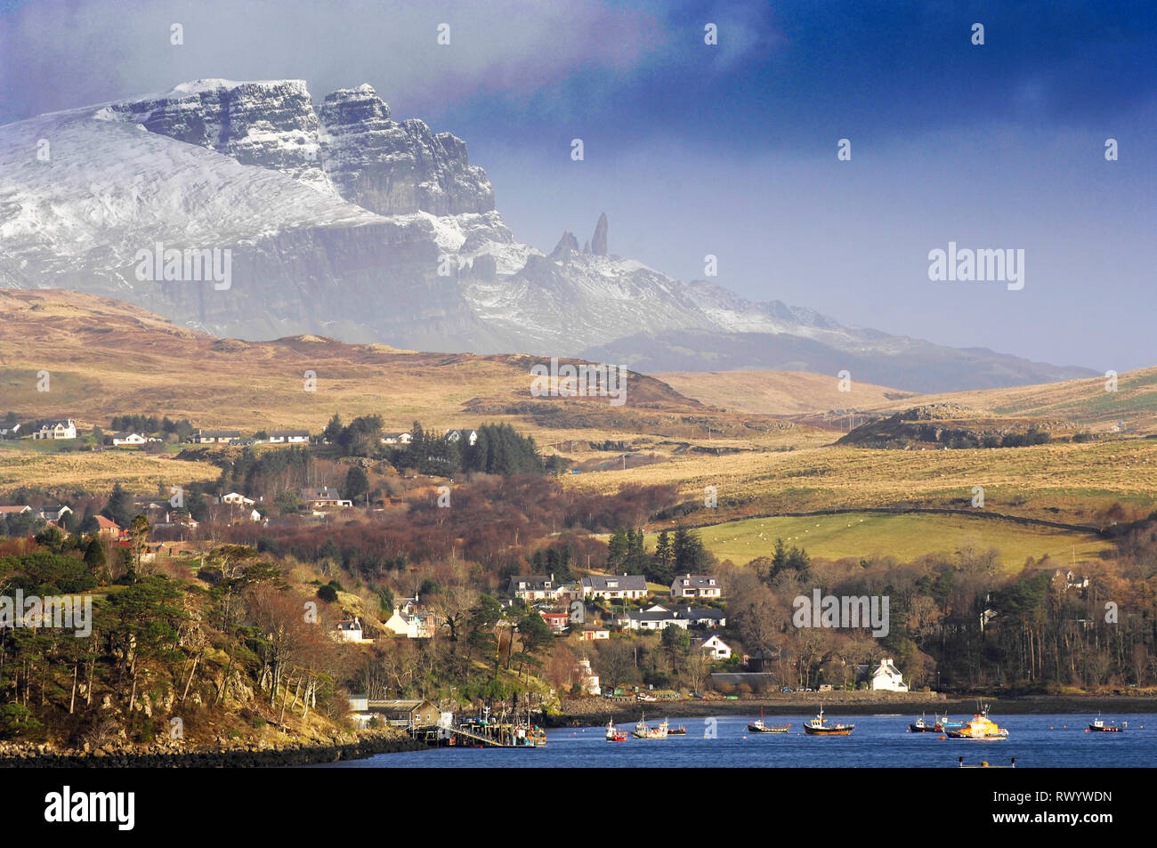 A view of Loch Portree with the Old Man of Storr Isle of Skye, Scotland ...
