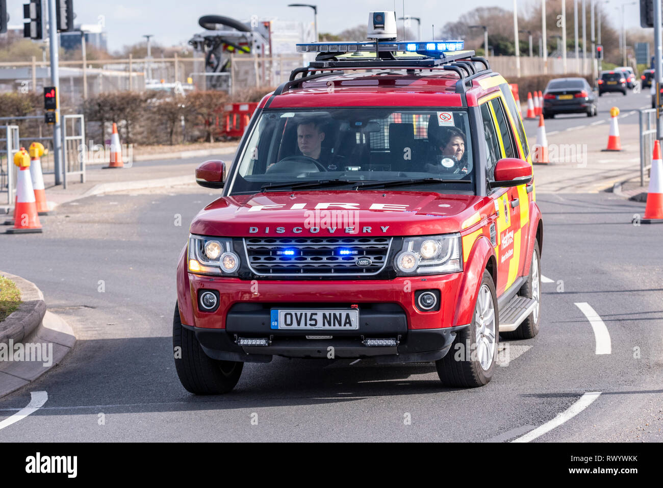 Heathrow Airport Fire and Rescue Land Rover Discovery vehicle rushing ...