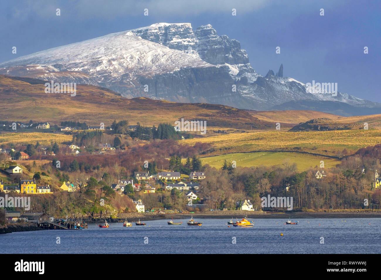 A view of Loch Portree with the Old Man of Storr Isle of Skye, Scotland ...