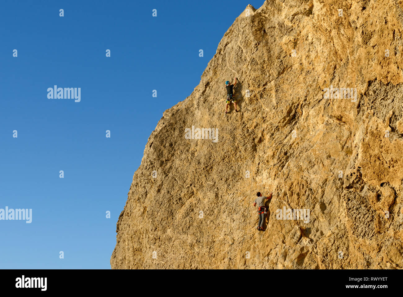 Two men are climbing with belay ropes on vertical mountain wall of ...