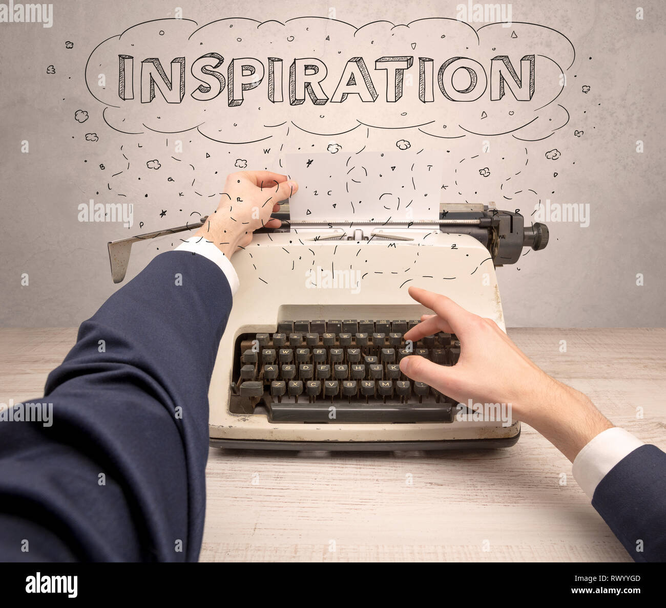 First person perspective hand writing on typewriter with cloud message ...