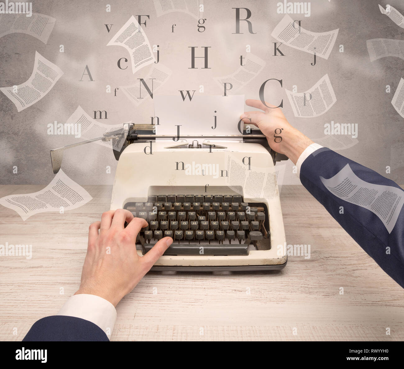 First person perspective hand typewriting with flying documents around ...