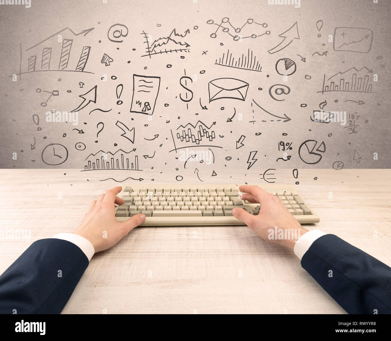 First person view of an elegant businessman hand typing with doodle ...