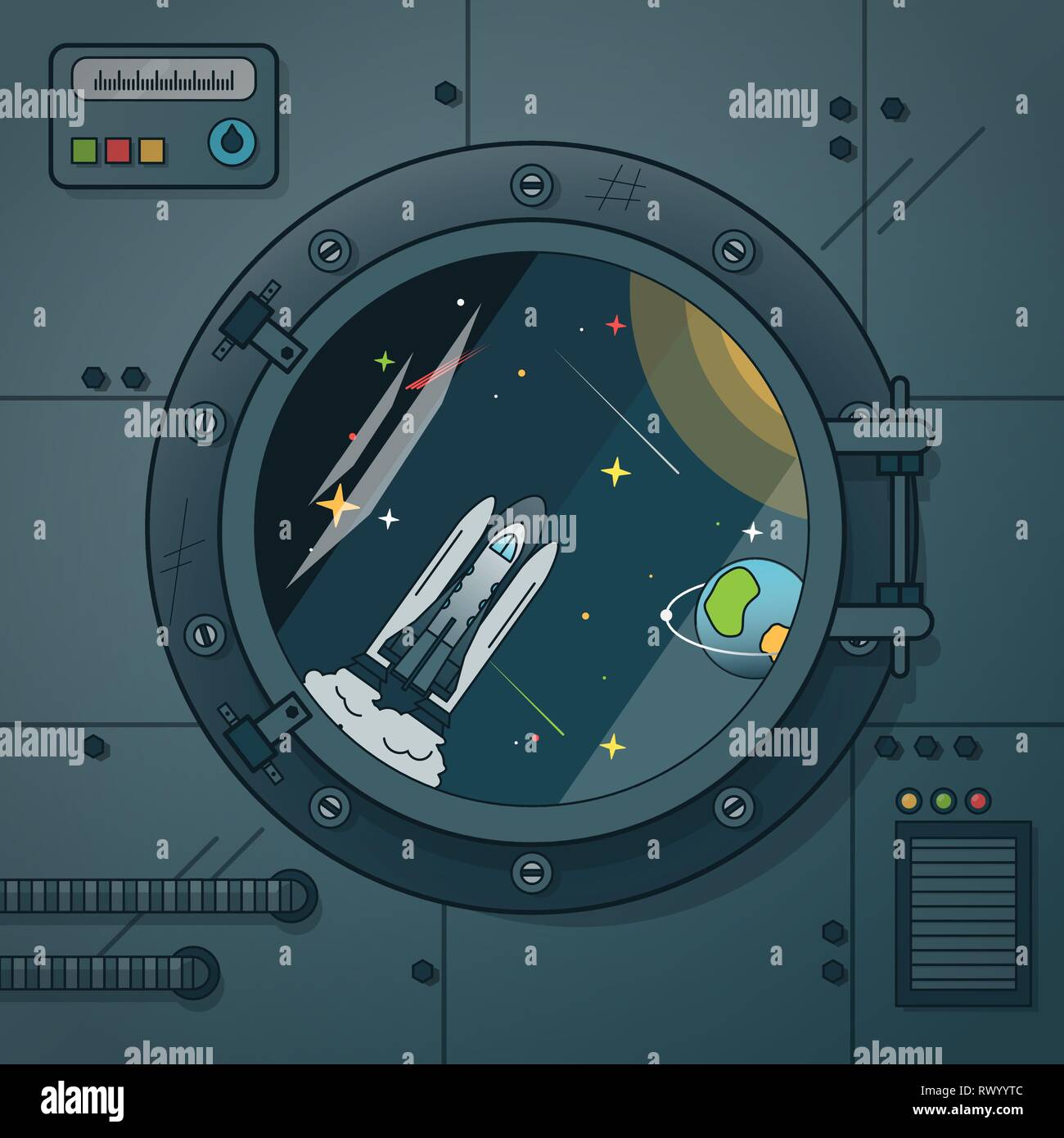 The interior of a spaceship with a porthole and various instruments ...