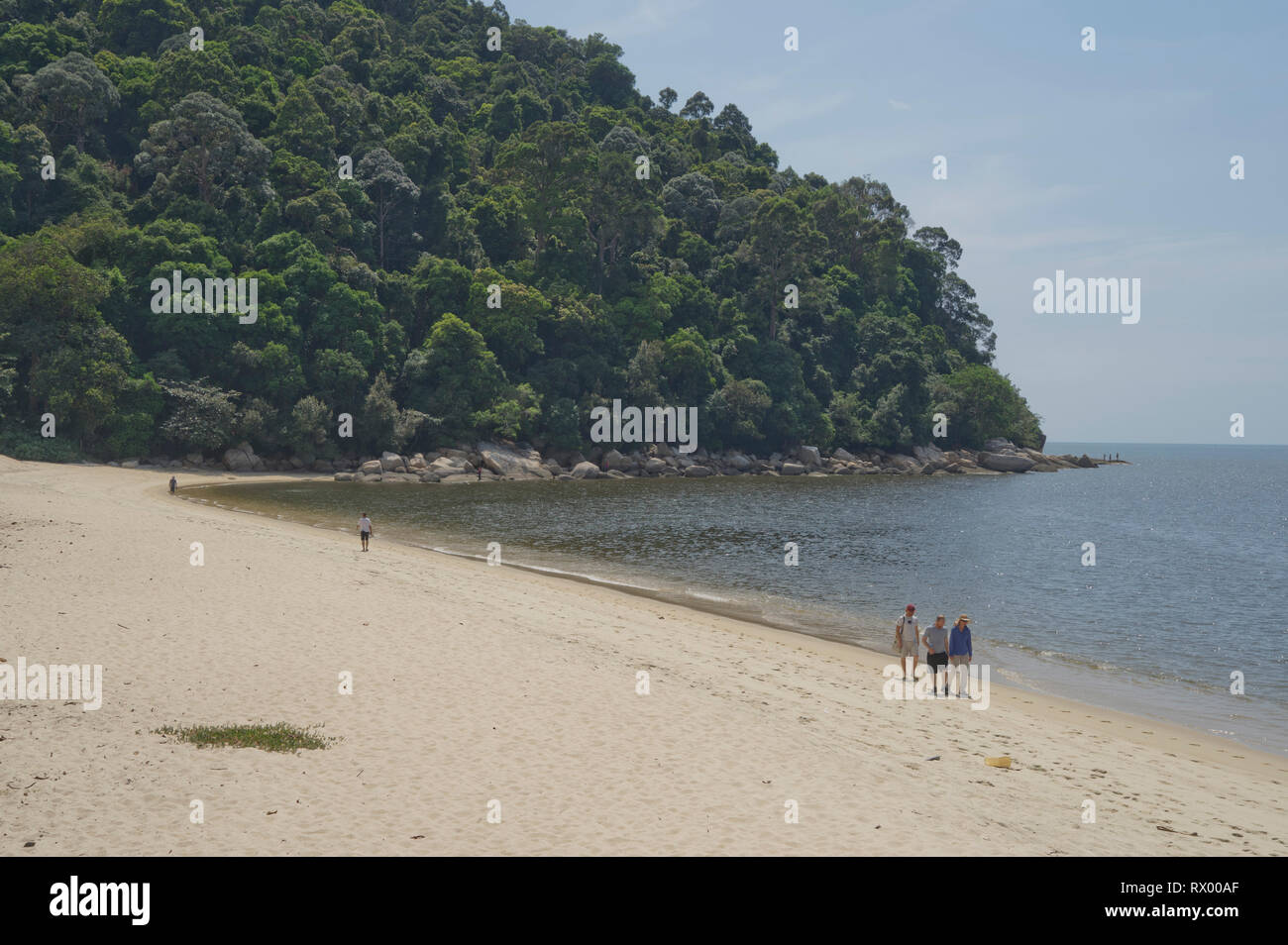 Tourist walking on a beach by the rainforest in the Taman Negara Pulau ...