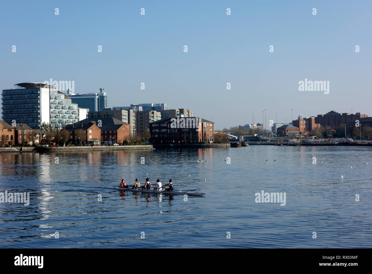 Rowing crew on Manchester Ship Canal, Salford Quays, Salford ...