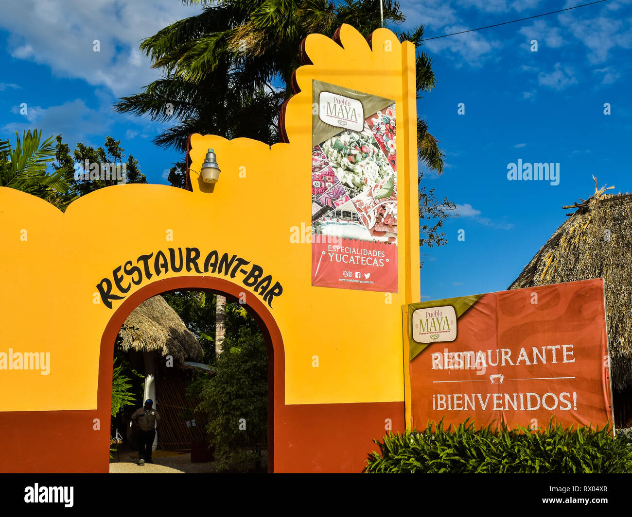 Chichen Itza, Mexico - Feb. 21, 2019: Pueblo Maya restaurant-bar Stock ...