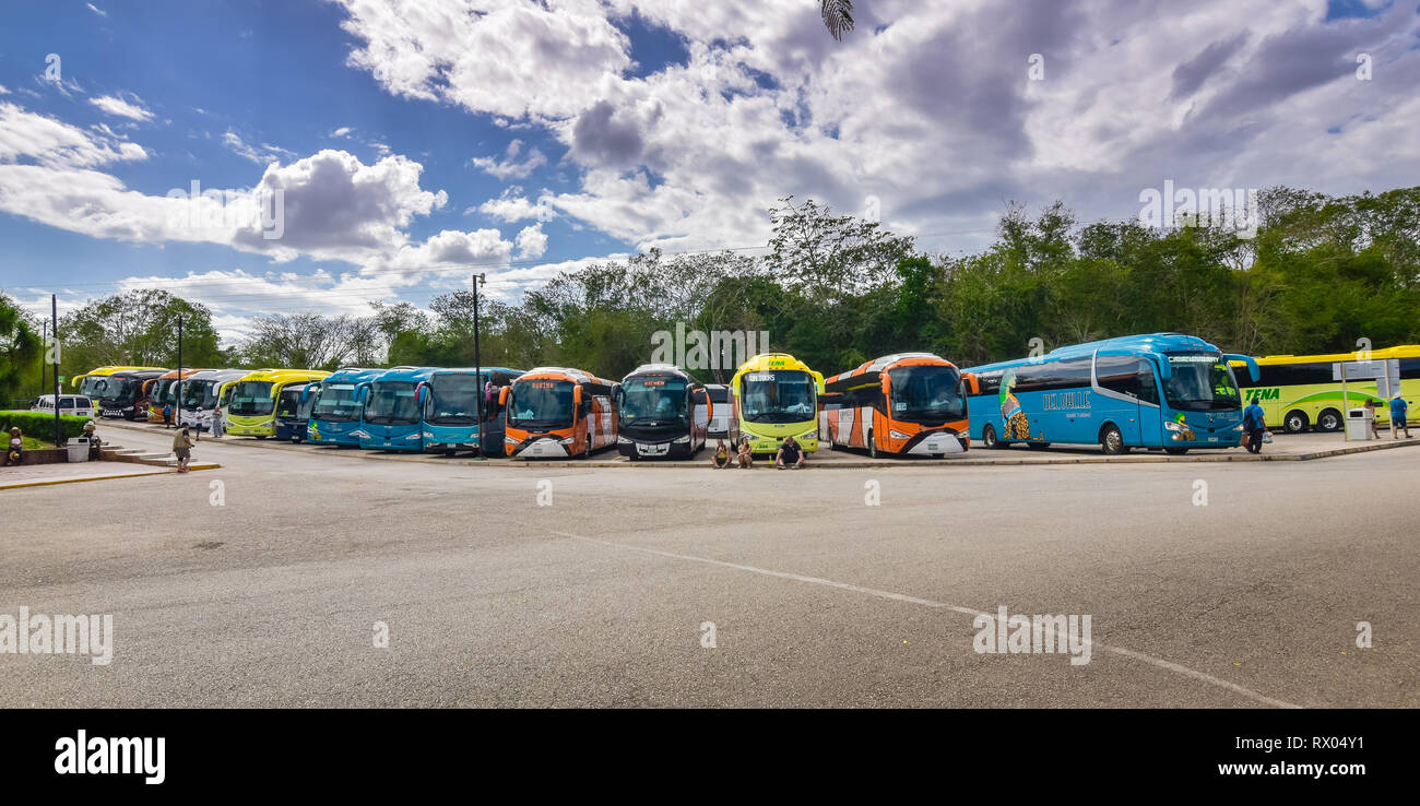 Chichen Itza, Mexico - Feb. 21, 2019: Row of tour buses waiting for ...